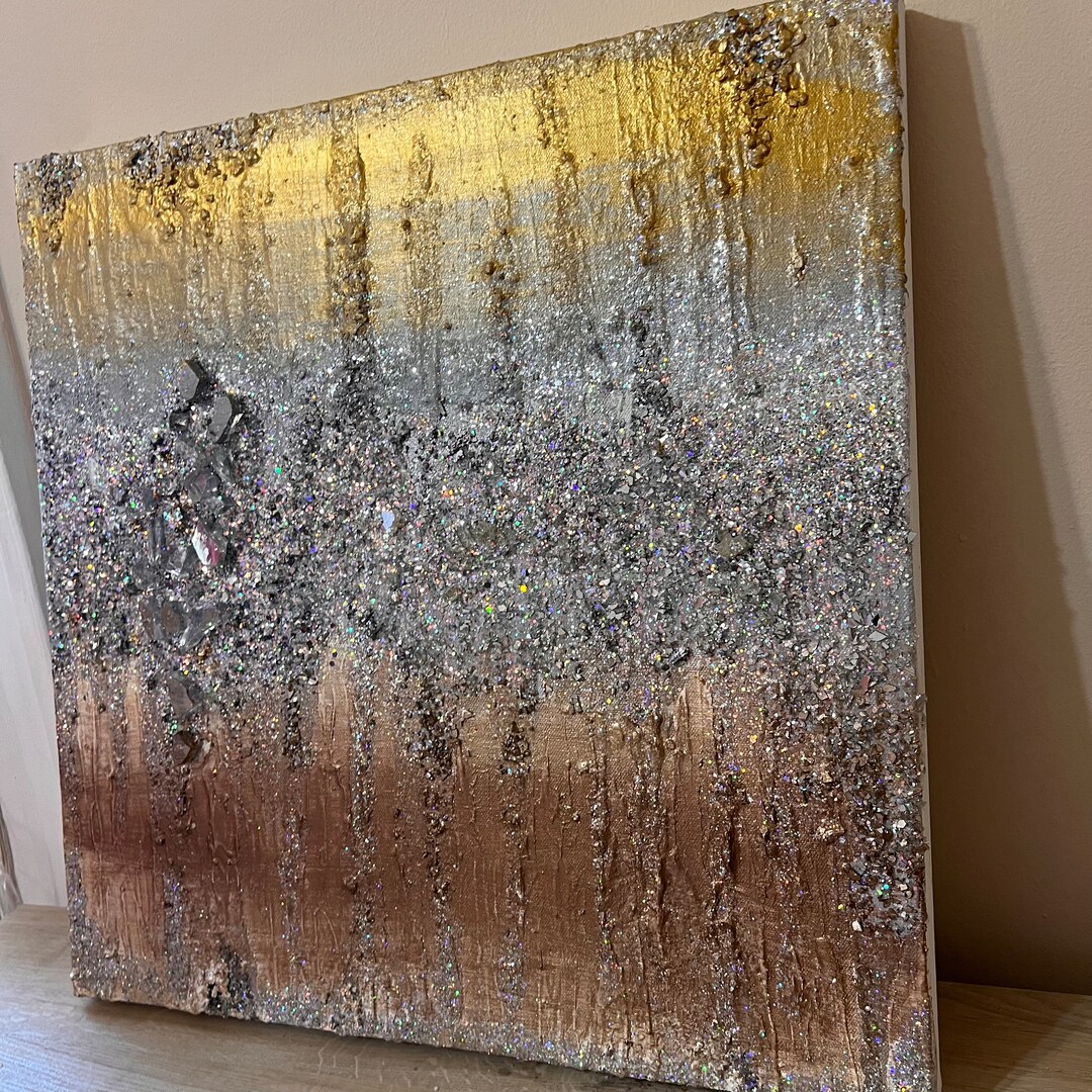 Neutral Silver Gold Painting Glam Art Glitter Sunset Landscape Painting ...