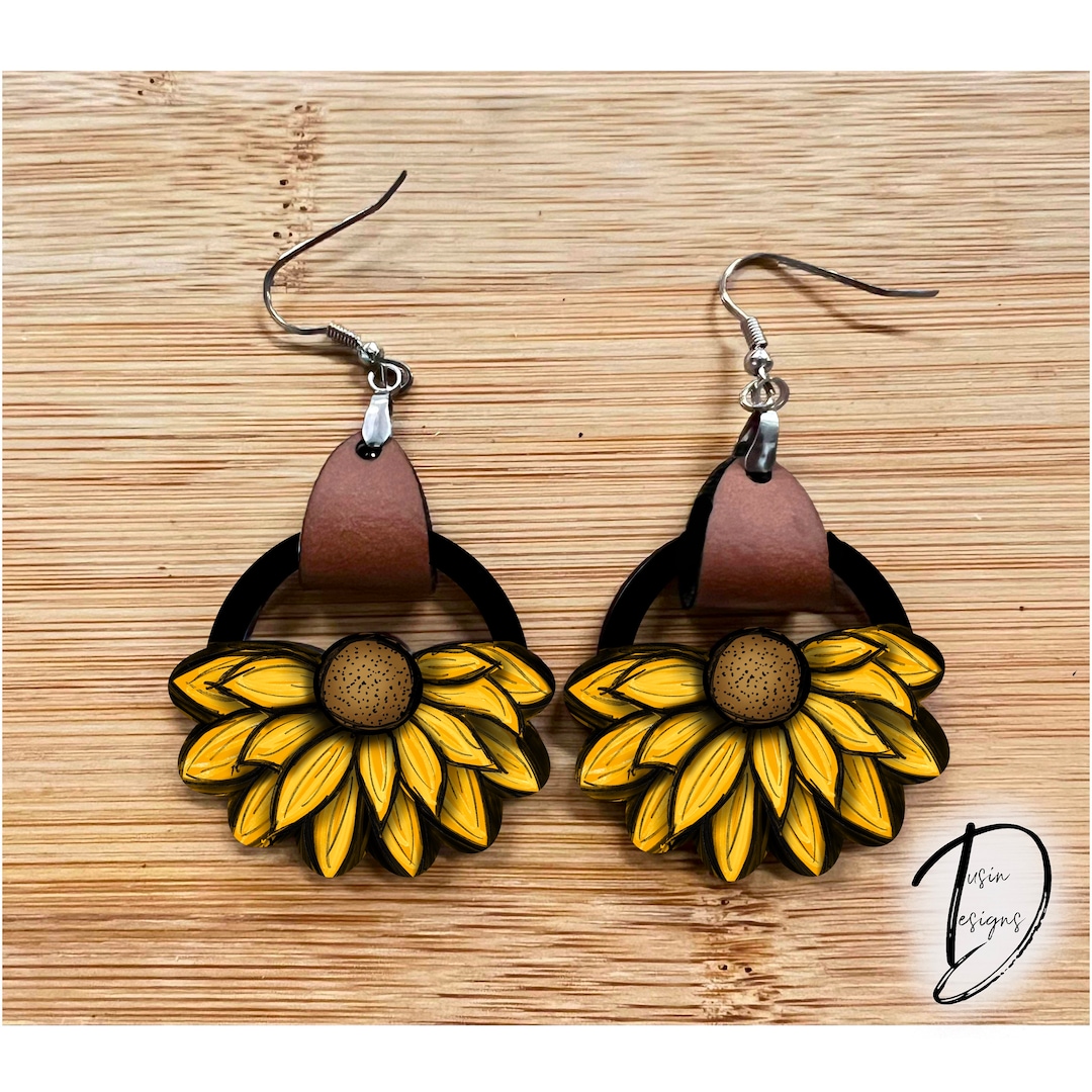 Open Flower Round, Sunflower Flower Design, Sublimation Leather Earring ...