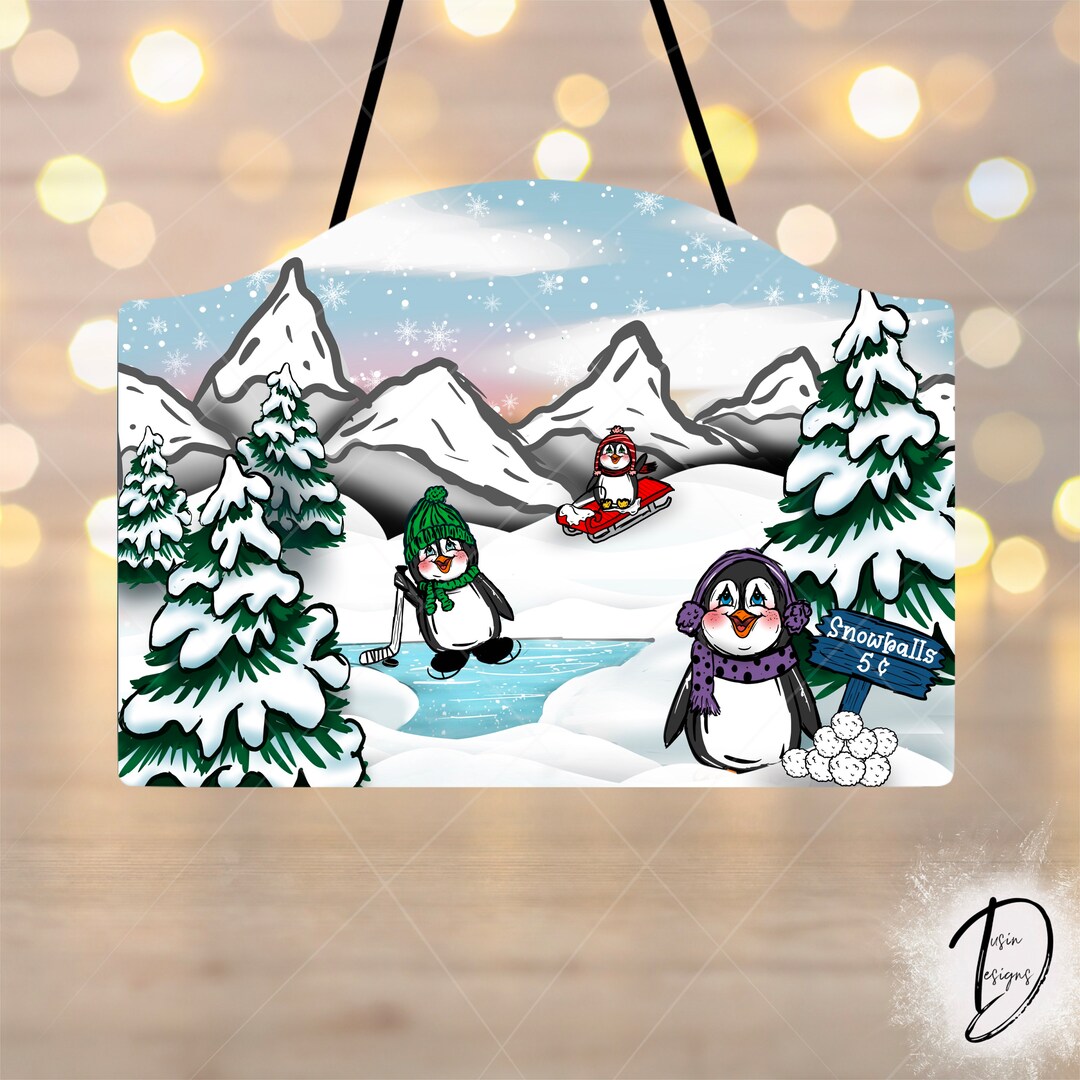 Penguin PNG, Round Top Plaque, Penguin Winter Scene, Penguins Playing ...
