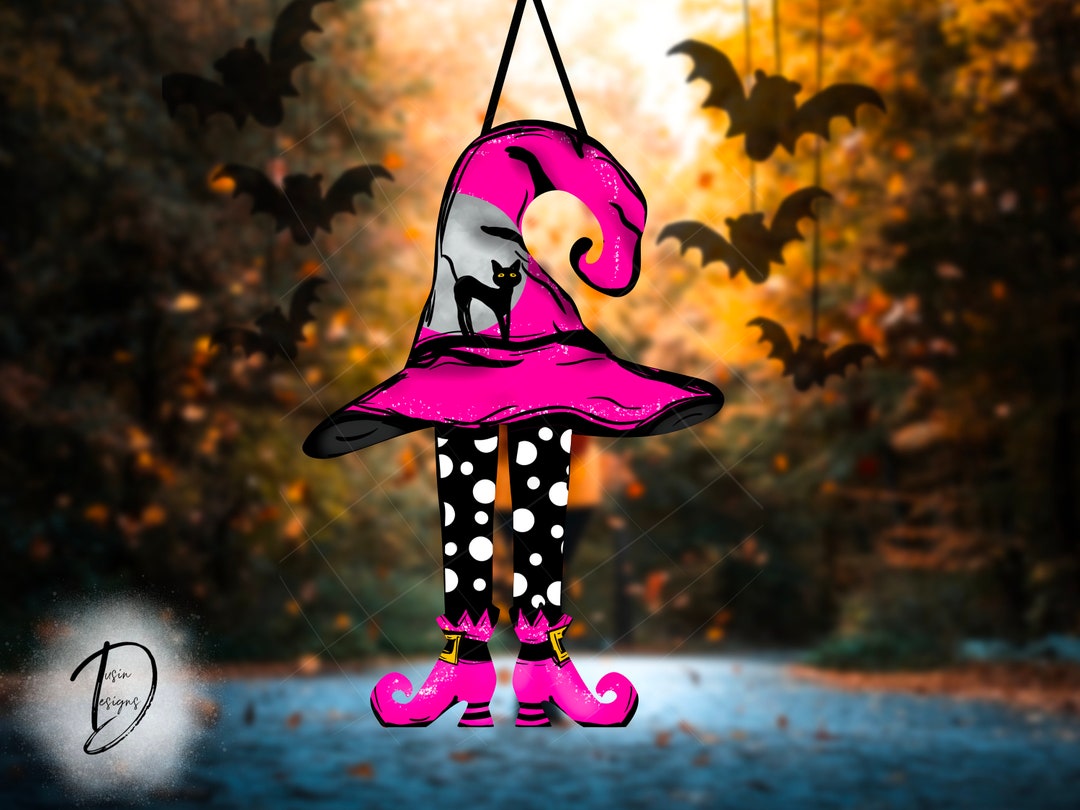 Witch Hat With Legs Png, Pink Cat Witch, Halloween Door Hanger, Witch ...