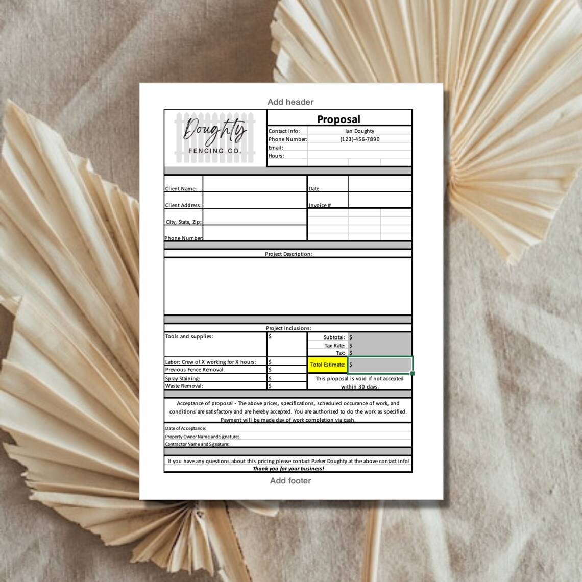 Fencing Estimate Template, Fence Quote Template, Fence Proposal ...