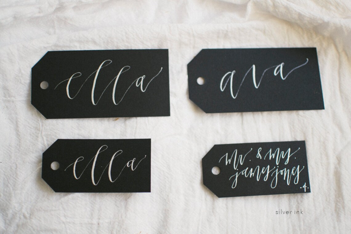 Modern Calligraphy Black Gift Tags with Silver or White Ink | Etsy