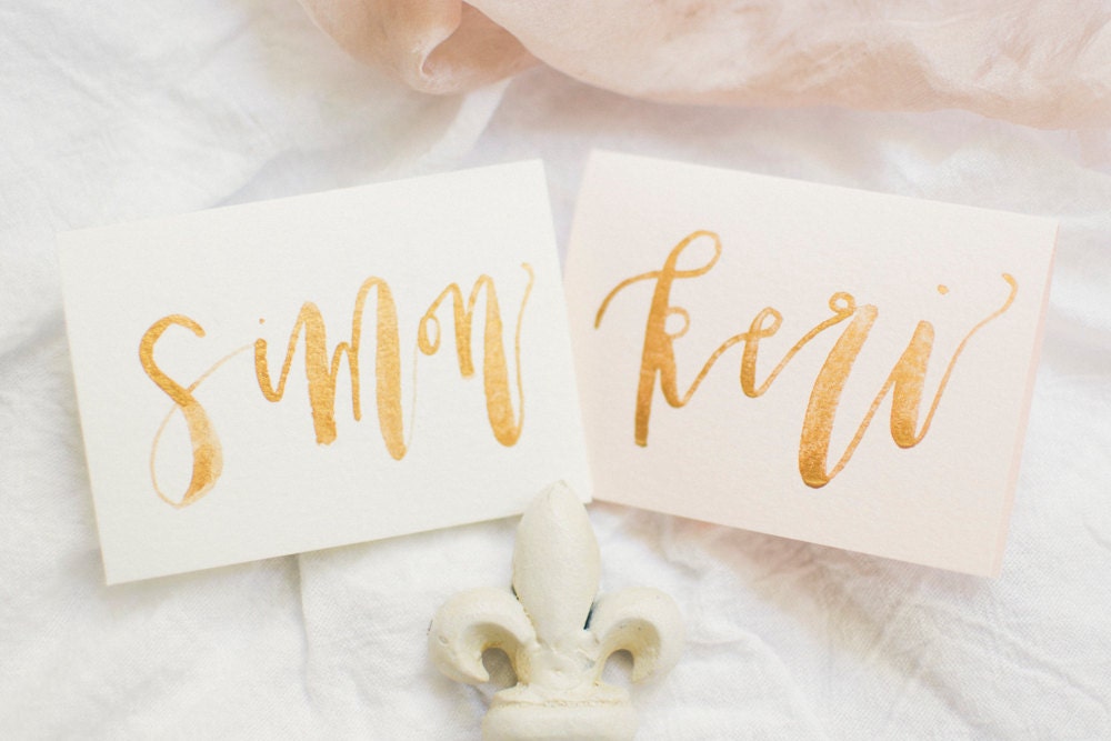 Modern Calligraphy Brush Lettering Place Cards With Gold Paint | Etsy