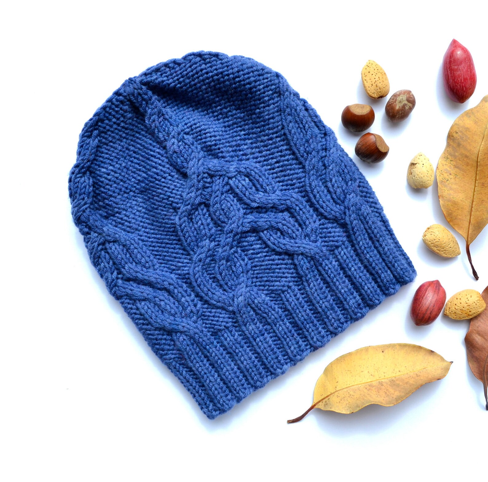 Merino Wool Knit Hat, Blue Knitted Hat, Wool Hat, Slouchy Beanie ...