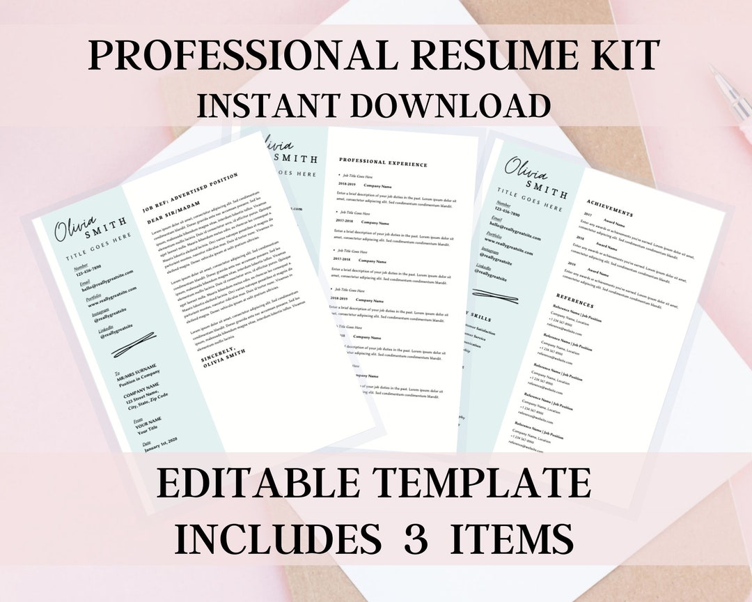 Resume Template Instant Download Editable 3 Page Kit With Cover Letter ...