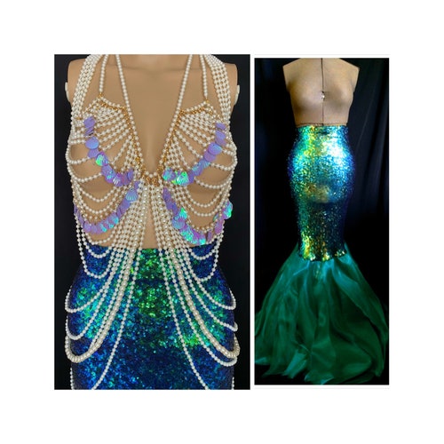 Women Mermaid Costume Pearl Body Chain Top Green Mermaid Etsy