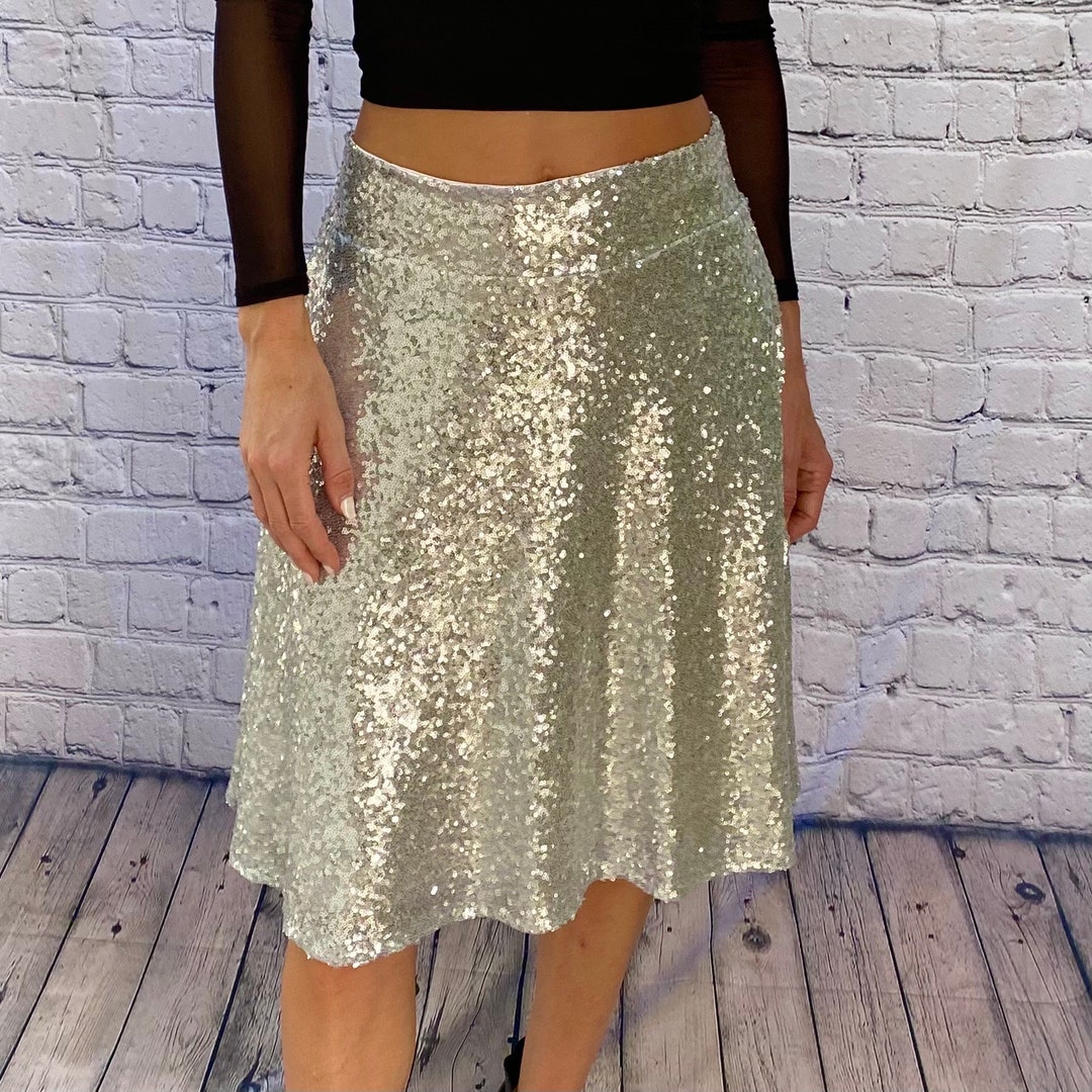 Silver Sequin Circle Skirt Knee Length Sparkle Womens A-line - Etsy