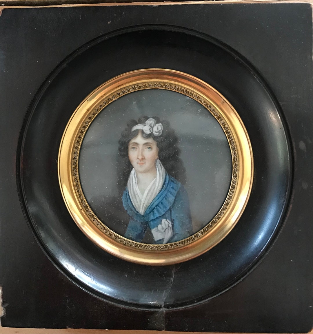 Antique French Portrait Miniature Handpainted Domed Glass Wood and ...
