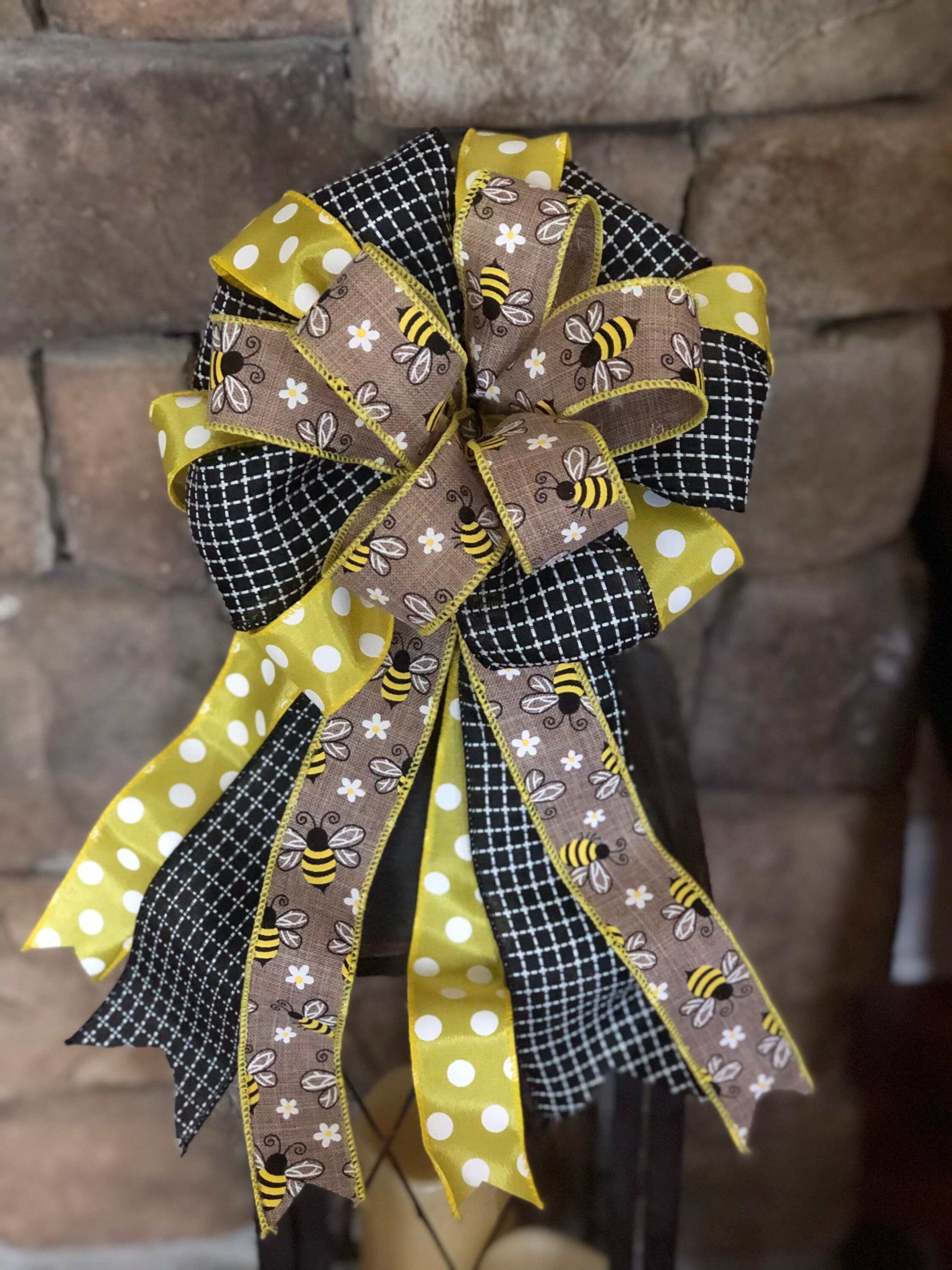Honey bumble bee burlap black white plaid check yellow polka | Etsy