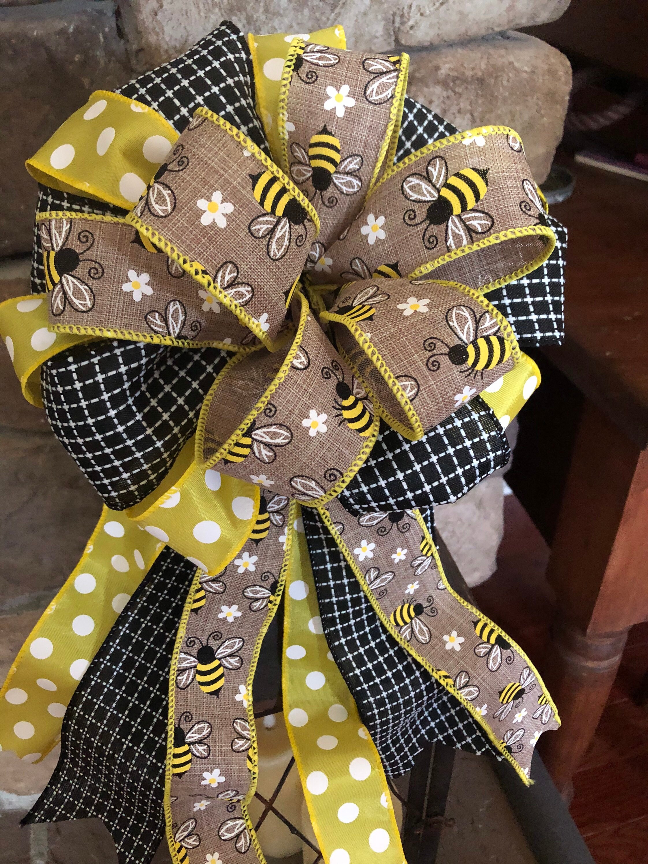 Honey bumble bee burlap black white plaid check yellow polka | Etsy