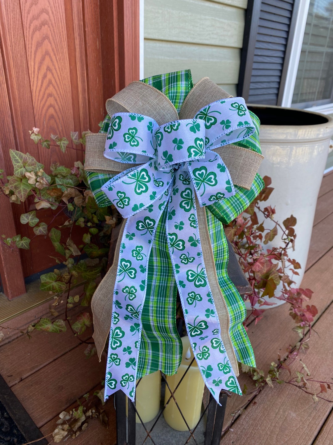 St. Patricks Day Shamrock Clover Green Plaid Burlap Farmhouse Lantern ...