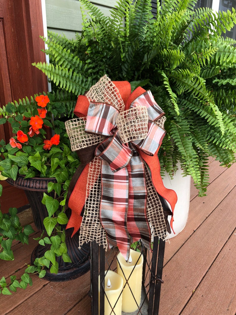 Rust orange fall plaid multi ribbon burlap brown rustic | Etsy