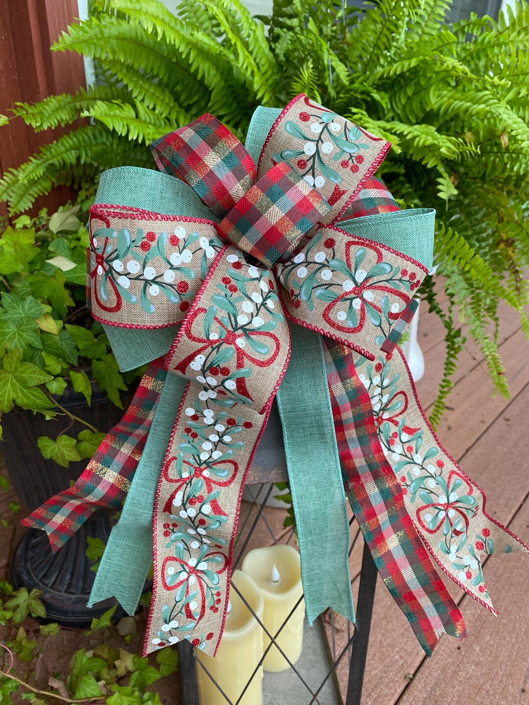 Christmas Winter Berry Mistletoe Red Green Plaid Holiday Tree Topper ...