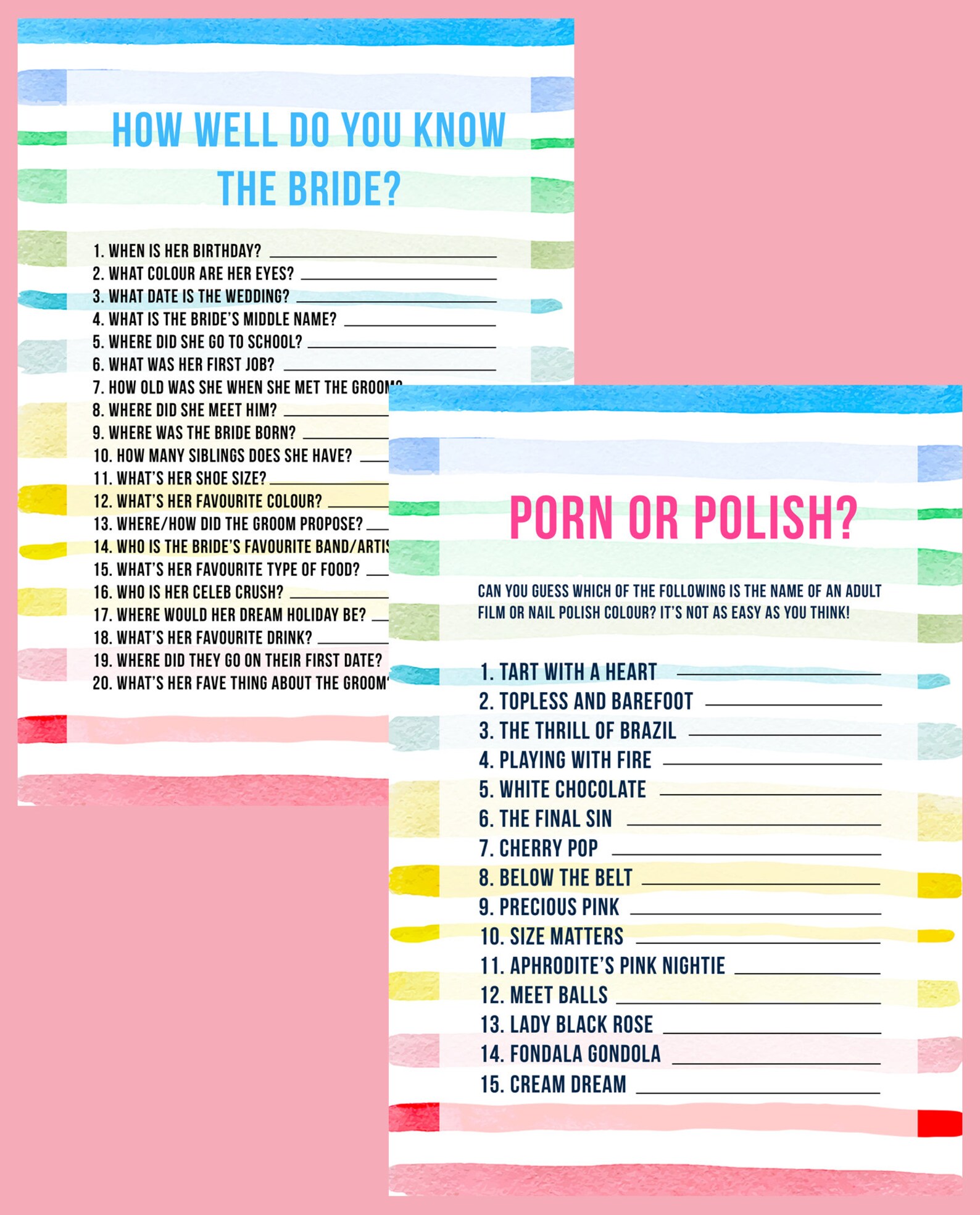 Printable Bachelorette Party Games Rainbow Watercolour - Etsy