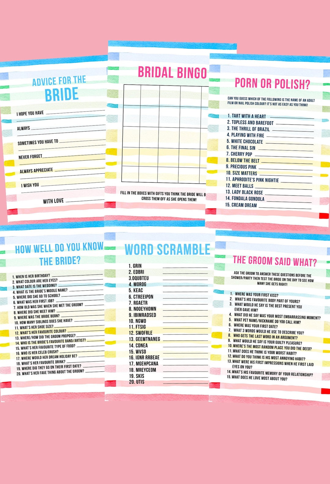 Printable Bachelorette Party Games, Rainbow, Watercolour, Stripe ...