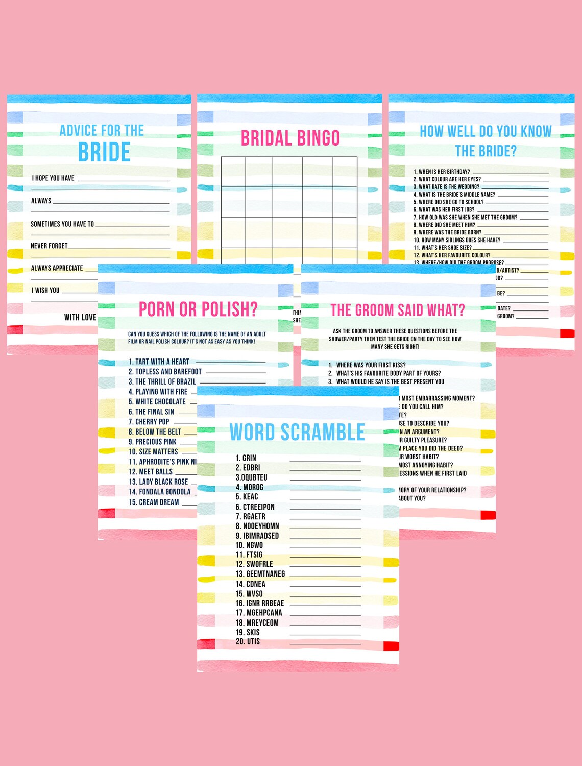 Printable Bachelorette Party Games Rainbow Watercolour | Etsy