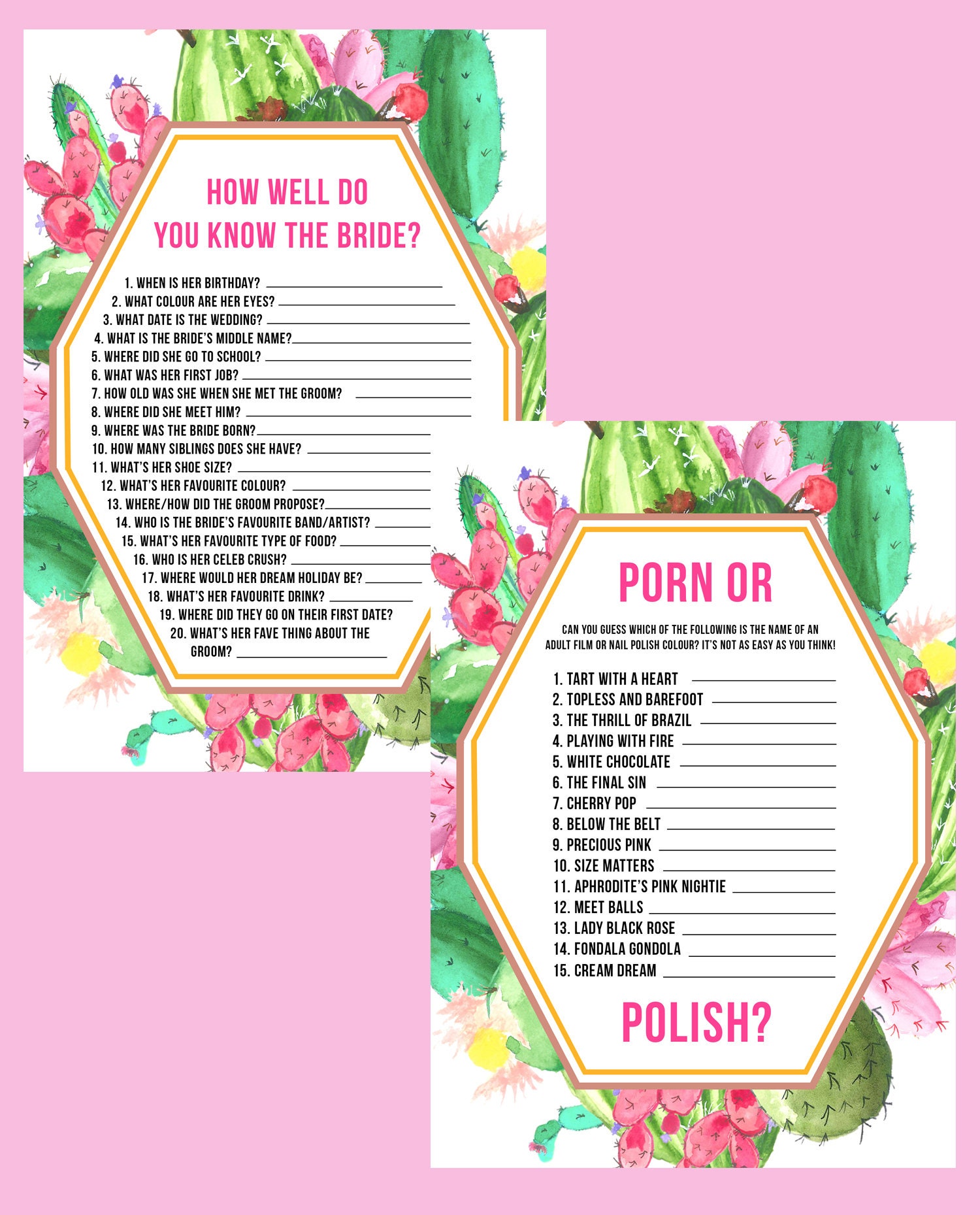 Printable Bachelorette Party Games, Cactus,tropical, Palm Springs ...