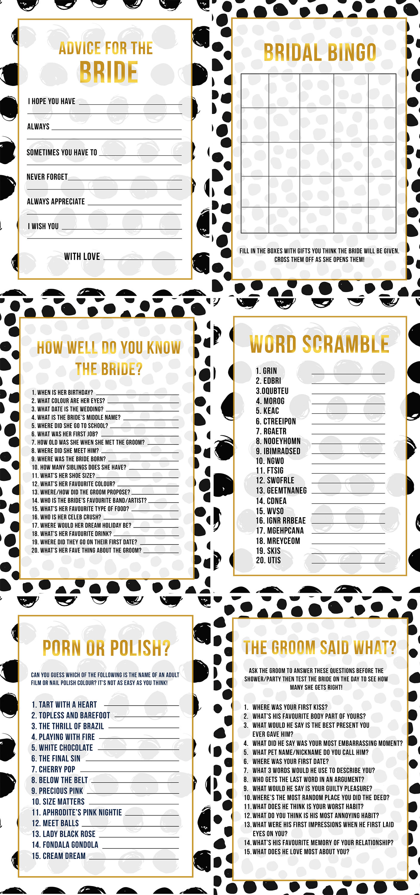 Printable Bachelorette Party Games Black & White Gold | Etsy