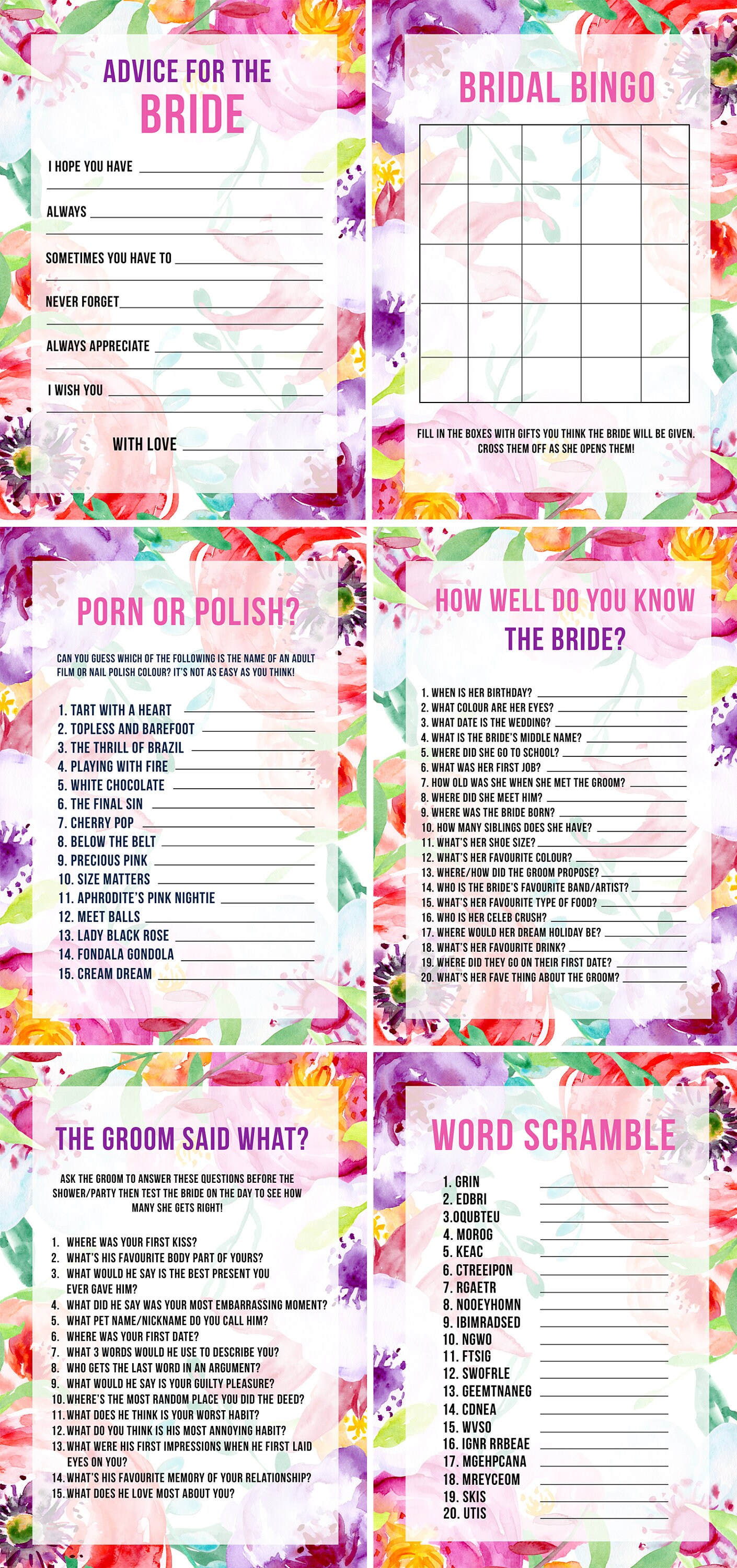 Printable Bachelorette Party Games Floral Flowers Flower | Etsy