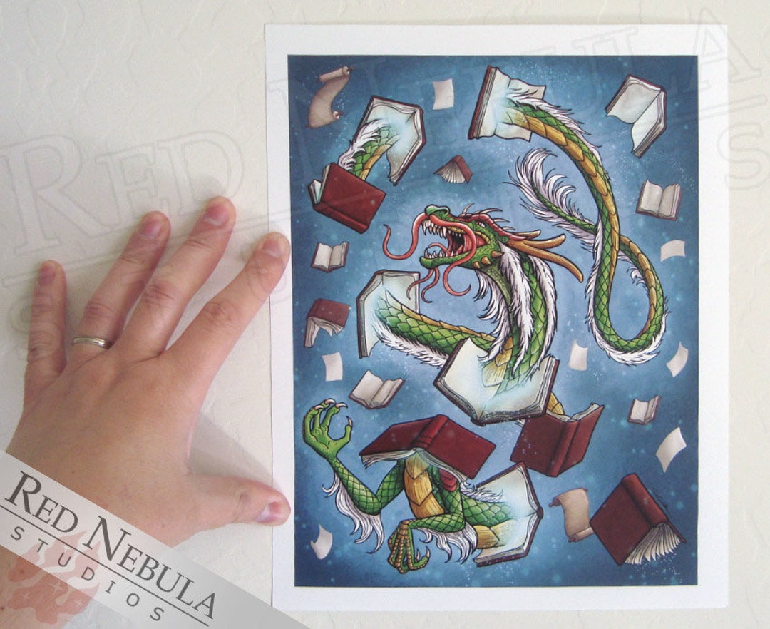 Book Dragon Art Print, open Book, Reveal Magic, Chinese Dragon ...