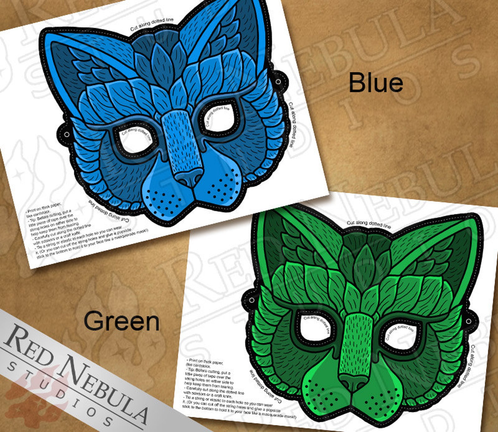 Colorful Cat Masks, Digital Download, Printable Paper Mask, Green, Blue ...