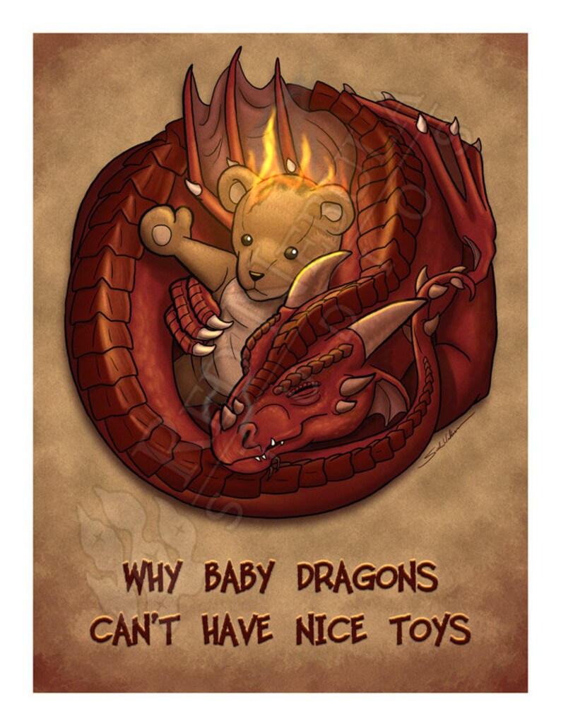 Cute Baby Dragon Art Print, Red Dragon Hatchling With Teddy Bear on ...