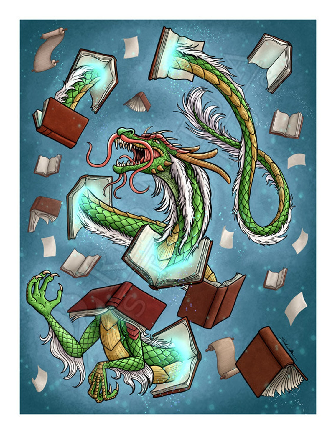 Book Dragon Art Print open Book Reveal Magic | Etsy