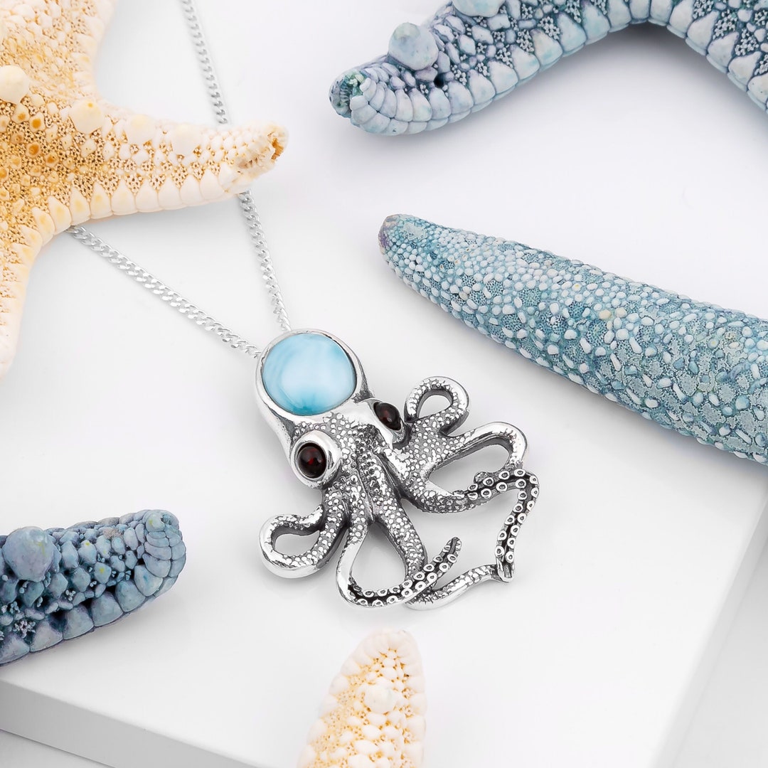 Sterling Silver Octopus Necklace: Larimar Gemstone, Nautical Jewelry - Etsy