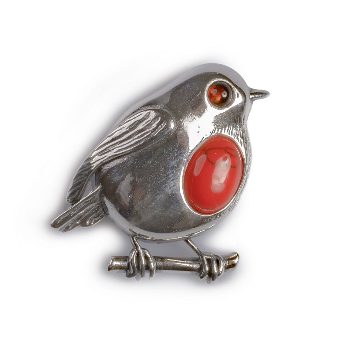 Robin Brooch In Silver And Coral Bird Brooch Womens Etsy