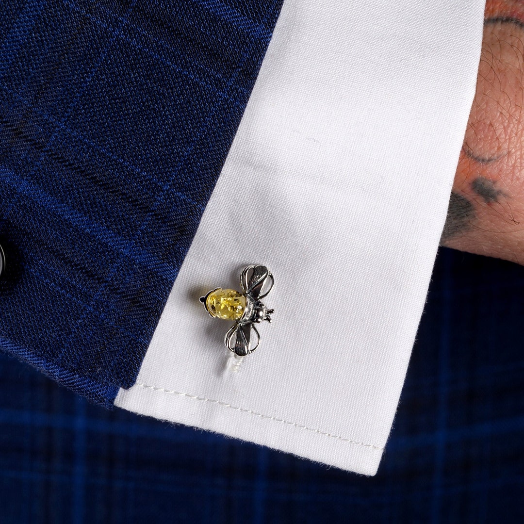 Silver Bee Cufflinks: Yellow Amber Bumble Bee Jewelry - Etsy