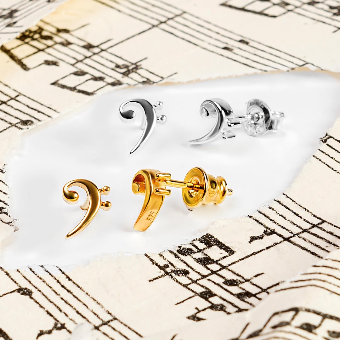 Sterling Silver Bass Clef Stud Earrings: Musical Gift, Gold Plated ...