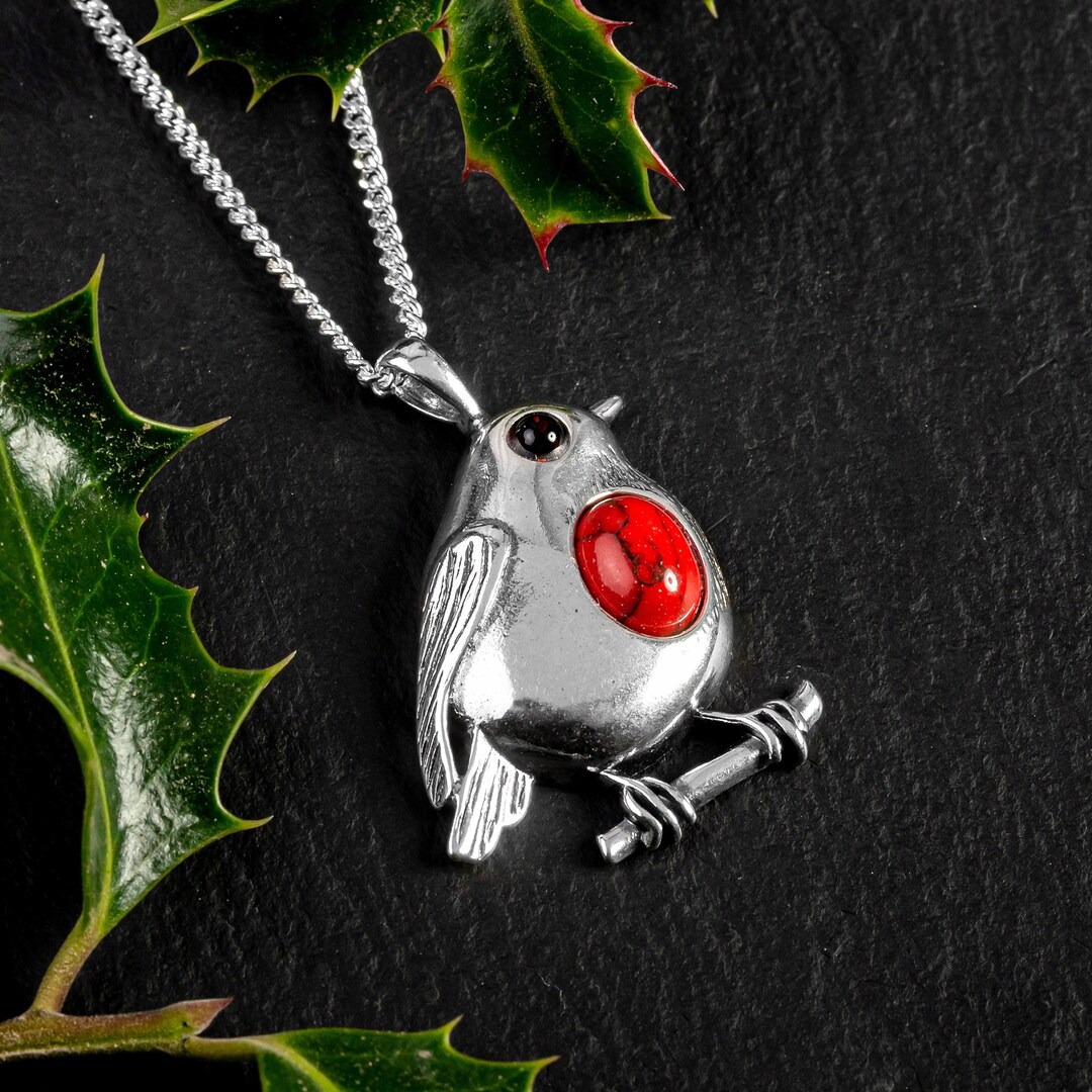 Sterling Silver Robin Necklace: Coral Stone Bird Jewelry - Etsy