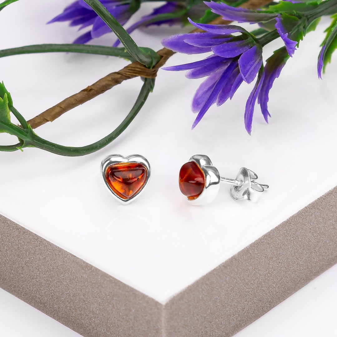 Sterling Silver and Baltic Amber Heart Earrings, Minimalist Heart Stud ...
