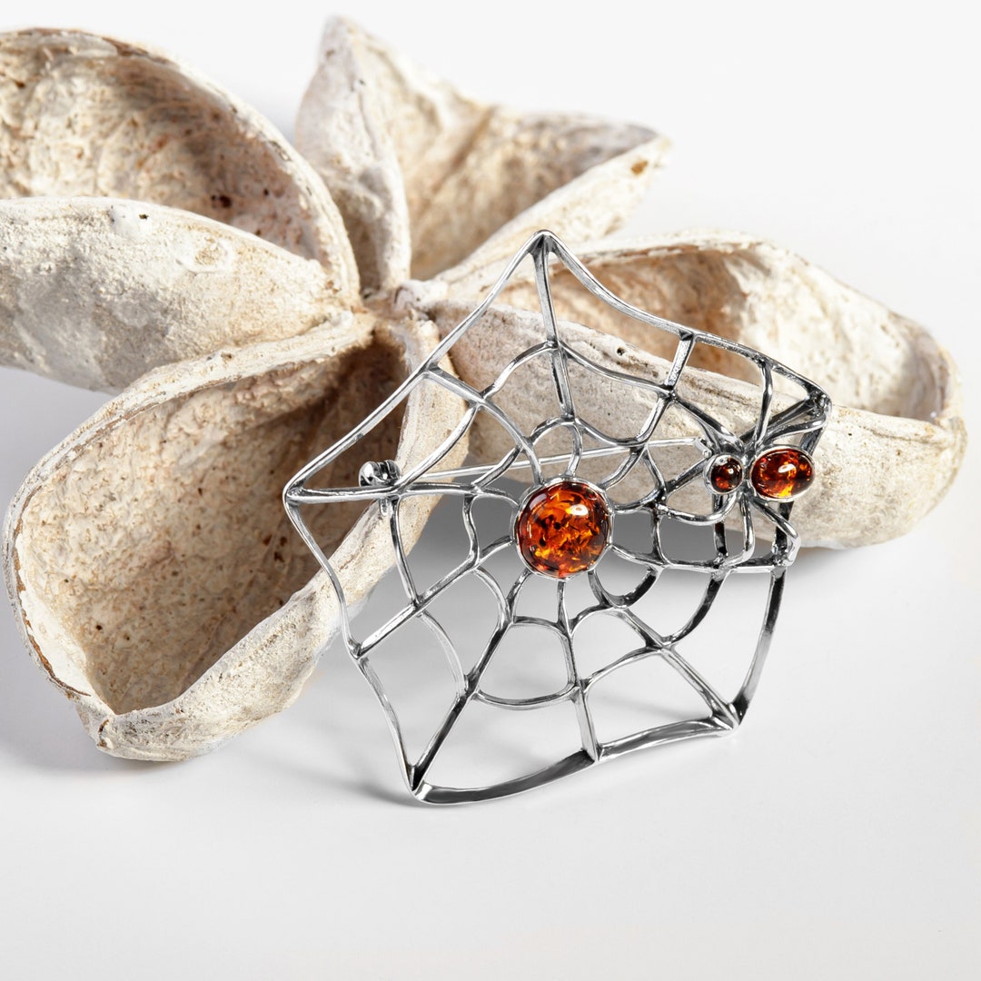 Sterling Silver Spider Web Brooch: Handmade Amber Halloween Pin - Etsy UK