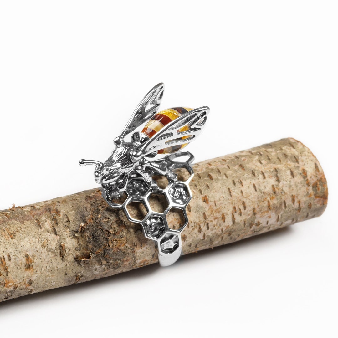 Sterling Silver Baltic Amber Bee Ring: Adjustable Boho Statement ...