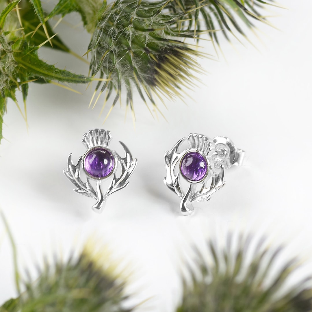 Sterling Silver Scottish Thistle Stud Earrings With Amethyst - Etsy UK