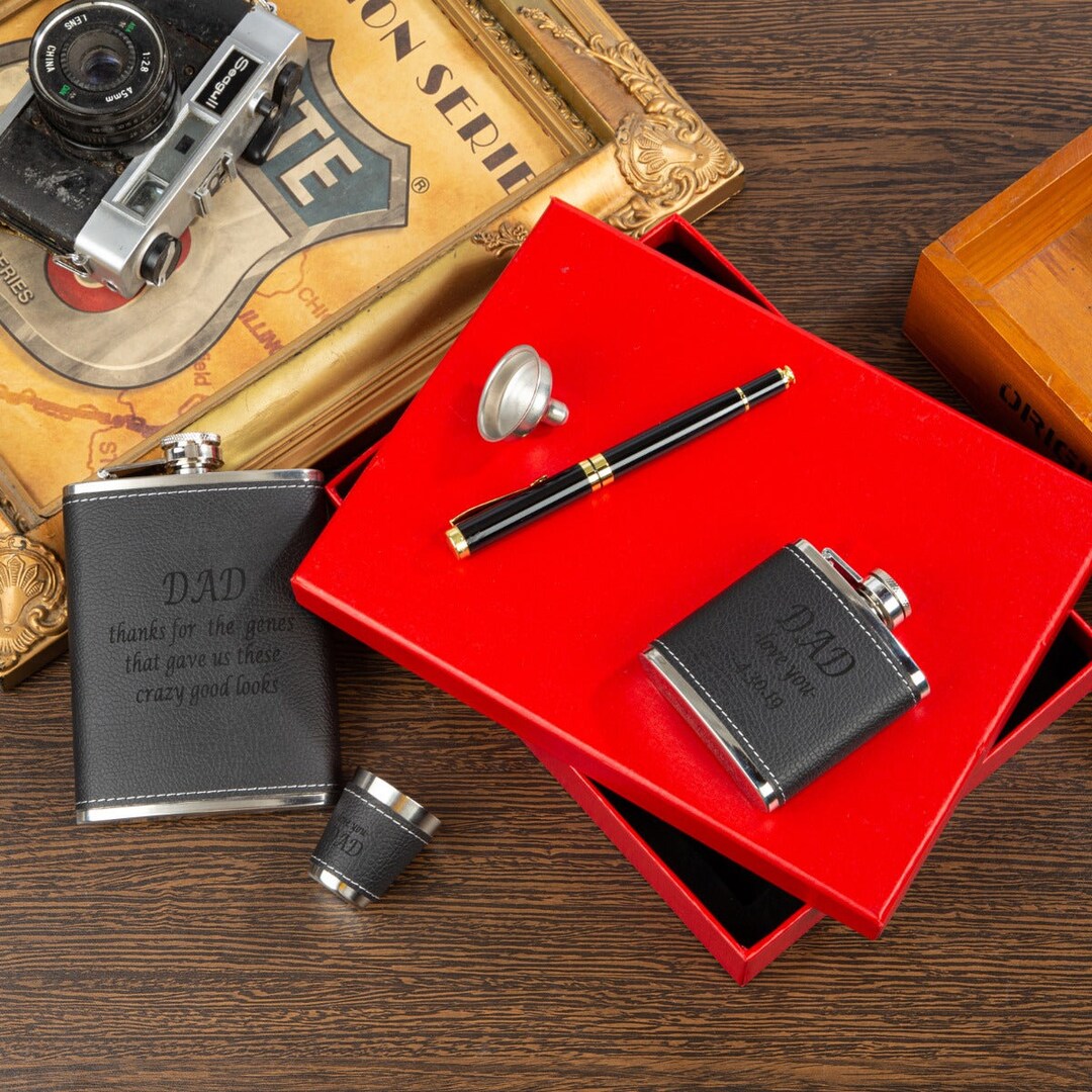 Hip Flask & Pen Set Gift Box, Retirement Stainless Steel Leather Gift ...