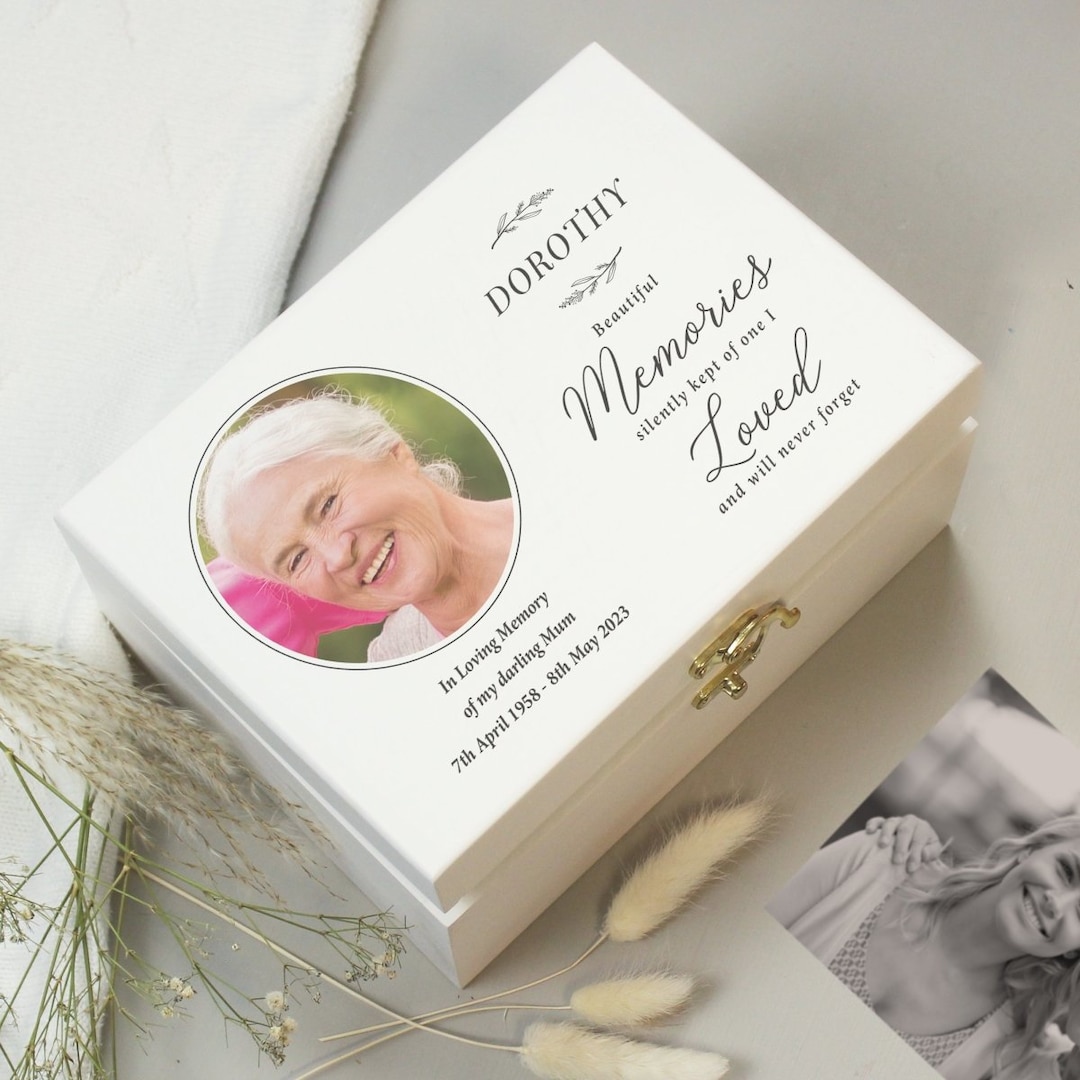 Personalised Memorial Photo White Keepsake Wooden Box | Memorial Box ...