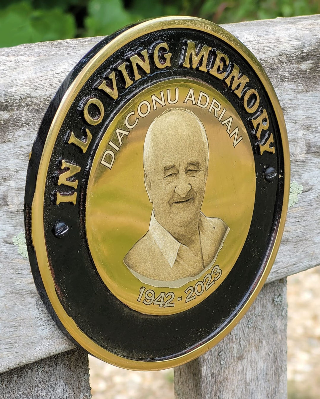 Custom Engraved Brass Bench Plate - Round Memorial Plaque With Photo ...
