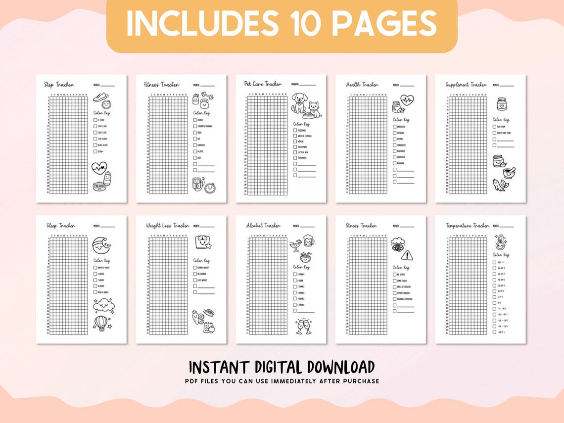 Health Tracker Bundle Printable Bullet Journal Pages | Monthly Wellness ...