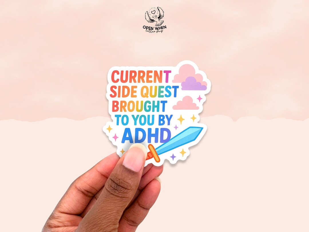 Current Side Quest Sticker – Holographic ADHD Laptop Decal With Sword ...