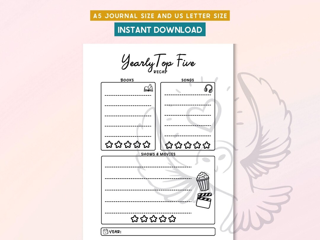 Yearly Top Five 5 Recap Printable, Books Songs Movies Tracker, A5 & US ...