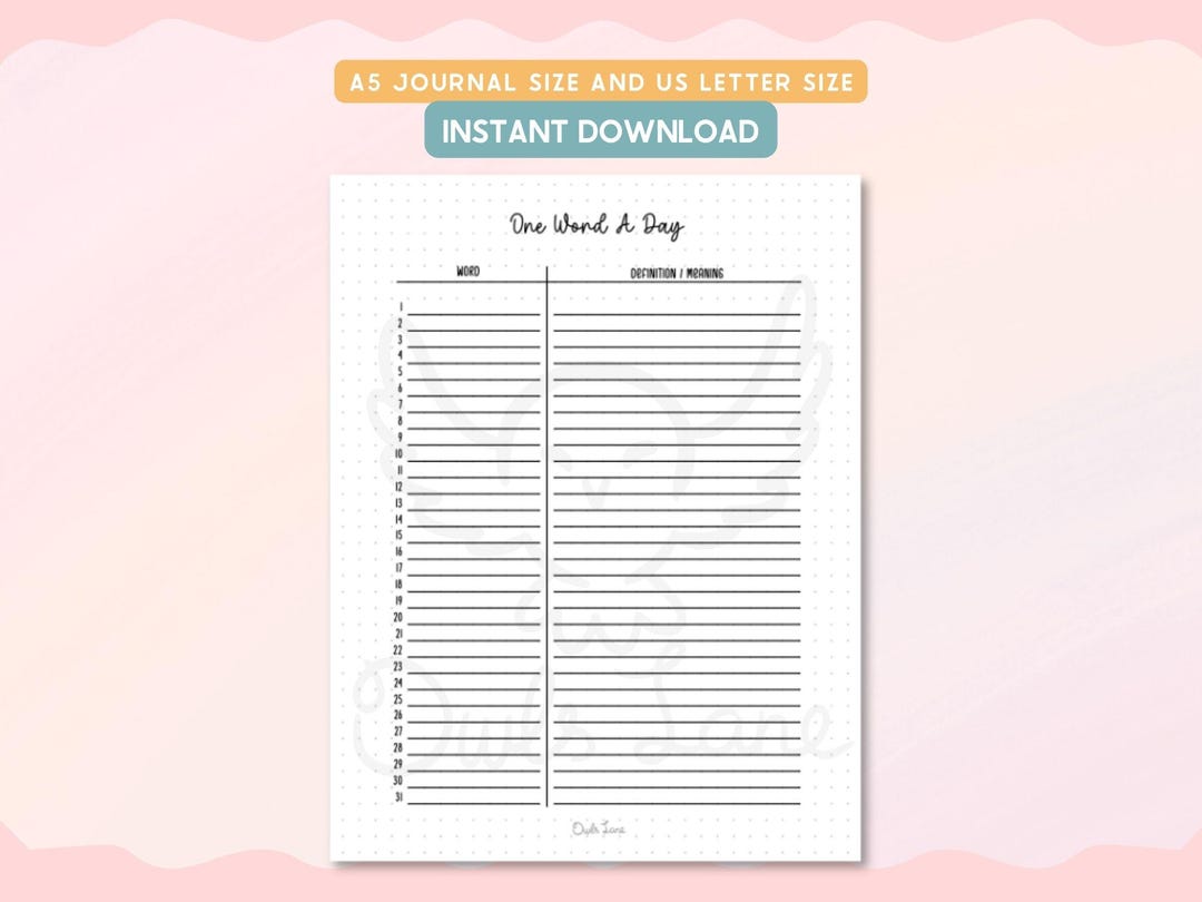 One Word A Day Printable Journal Pages | Daily Word Tracker Planner ...