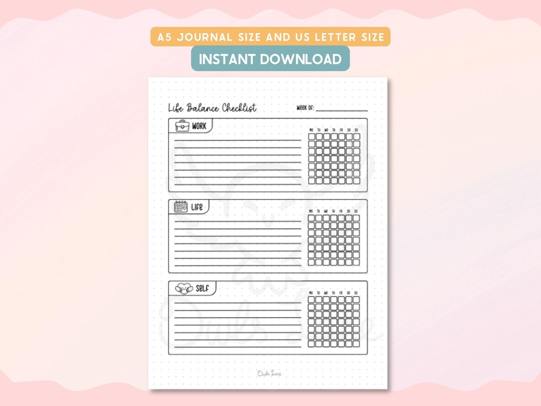 Life Balance Checklist Printable Journal Pages, Work Life Self Tracker ...