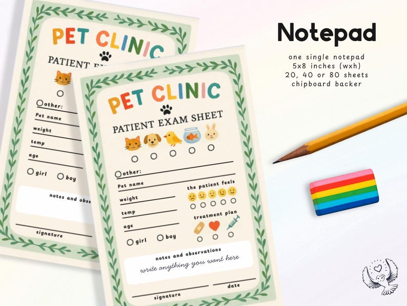 Notepad Pet Clinic Patient Exam Sheet • Kids Vet Play Notepad • Pretend ...