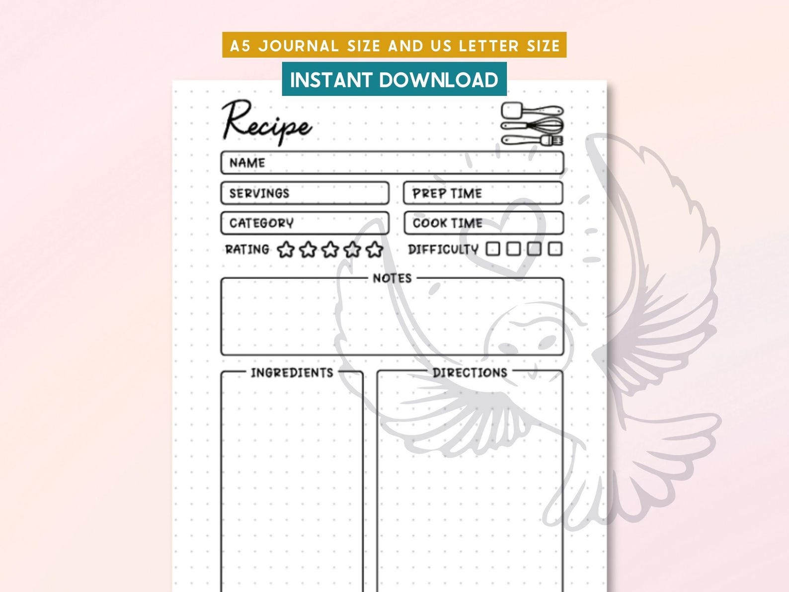 Recipe Card Printable, Recipe Template, Cooking Journal, Recipe ...