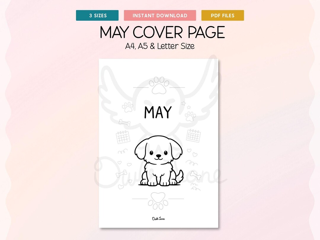 May Cover Page Printable | Cute Puppy Bullet Journal Cover | May ...