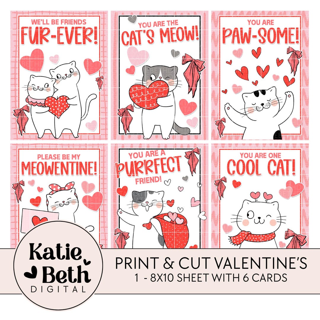 Cute Cat Valentine Cards for Kids Printable | Classroom Valentines Day ...