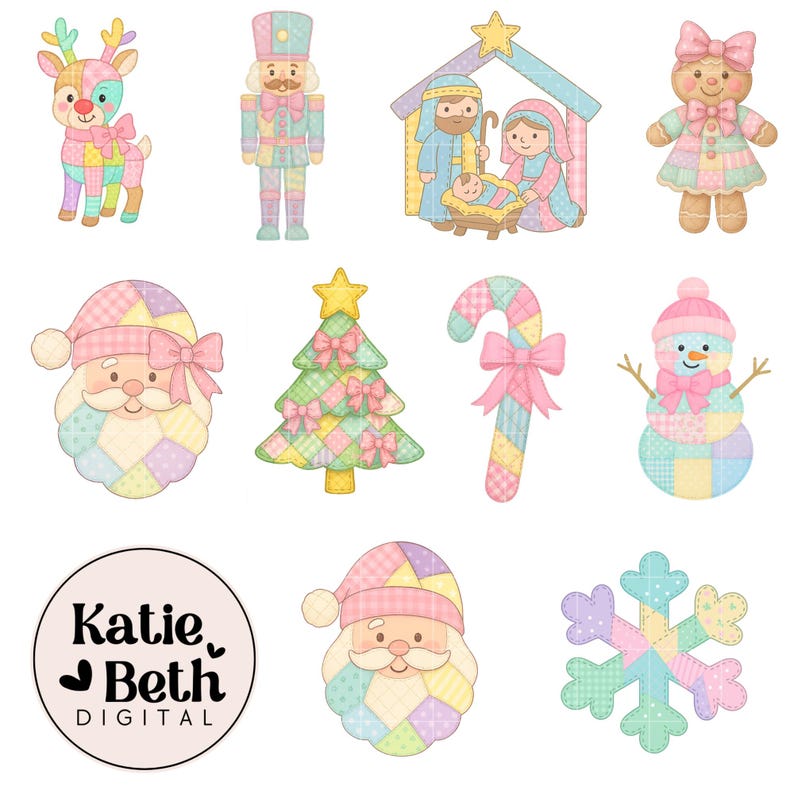 Quilted Christmas Clipart Bundle: Pastel Holiday PNG Set (digital ...