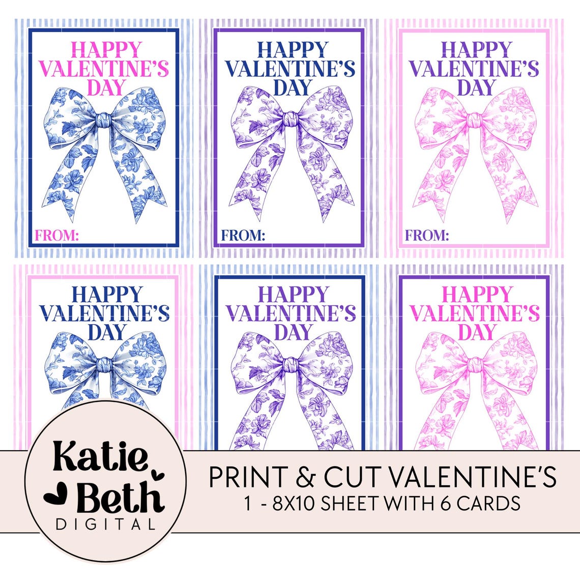 Toile Valentine Cards Printable: Preppy Pink & Blue Kids Valentines ...